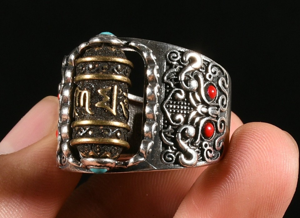 3CM Old Tibet Silver Gilt Gems Feng Shui Six-character mantra ring ...