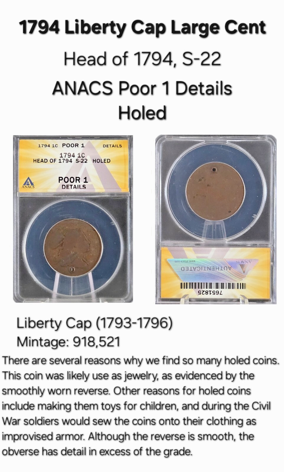 1794 1c Liberty Cap Large Cent, Head '94 S-22 ANACS Pr 1 Details Holed ...