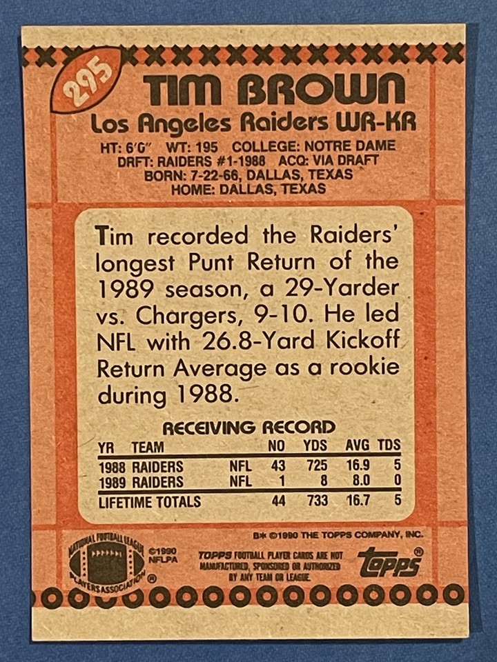 Tim Brown 1990 Topps Disclaimer Back Base #295 Los Angeles Raiders | eBay