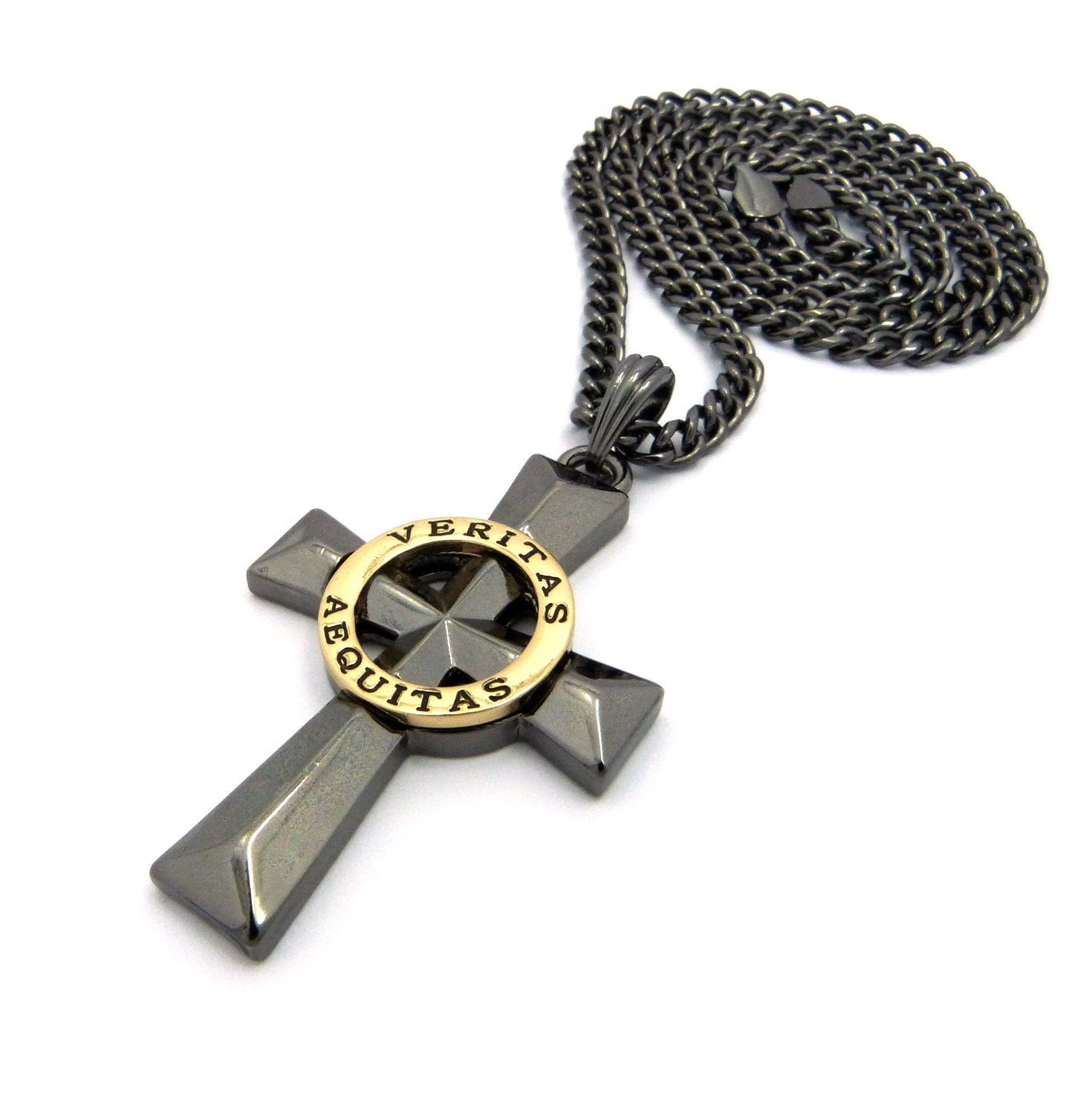 MENS VERITAS AEQUITAS CROSS BOONDOCK SAINTS PENDANT CHARM CUBAN CHAIN ...