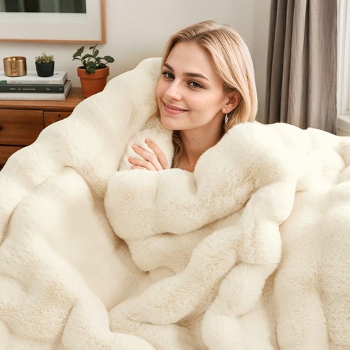 Cozy Thick Fuzzy Faux Rabbit Fur Throw Blanket, Double Sided Luxury ...
