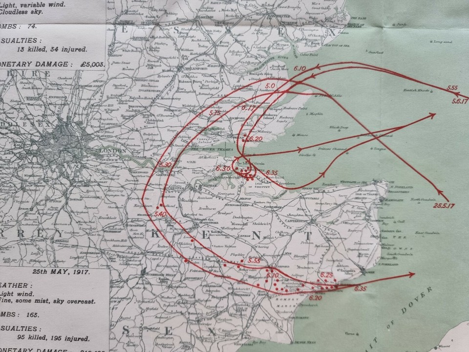 1935 WW1 MAP AEROPLANE RAIDS 25th MAY & 5th JUNE 1917 ENGLAND KENT ...
