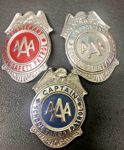 3 VINTAGE 1950S AAA SCHOOL SAFETY PATROL BADGES - PATROLMAN LIEUTENANT ...