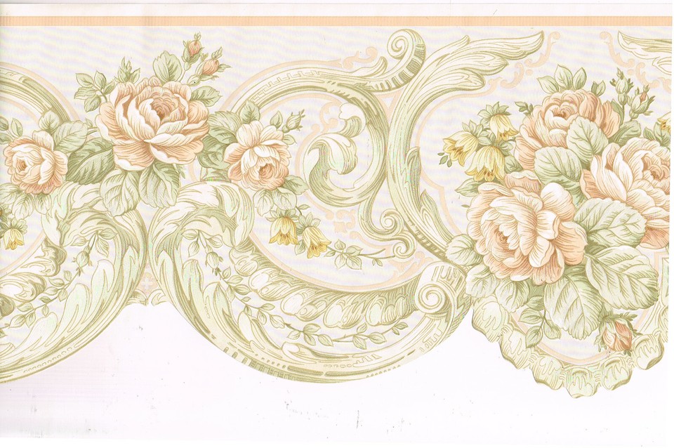 Cream Ivory Peach Rose Floral Flower Scroll Sculptured Silk Wallpaper ...