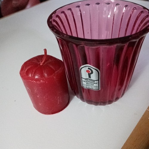 PILGRIM GLASS CRANBERRY VOTIVE CANDLE HOLDER WITH ORGINAL MANUFACTURE ...