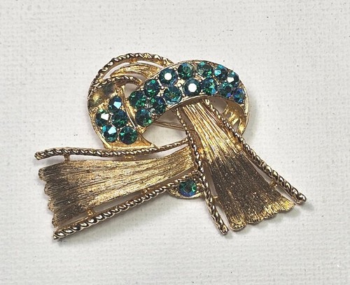 Vintage Brushed Gold Tone Ribbon Brooch Pin - Blue Aurora Borealis ...