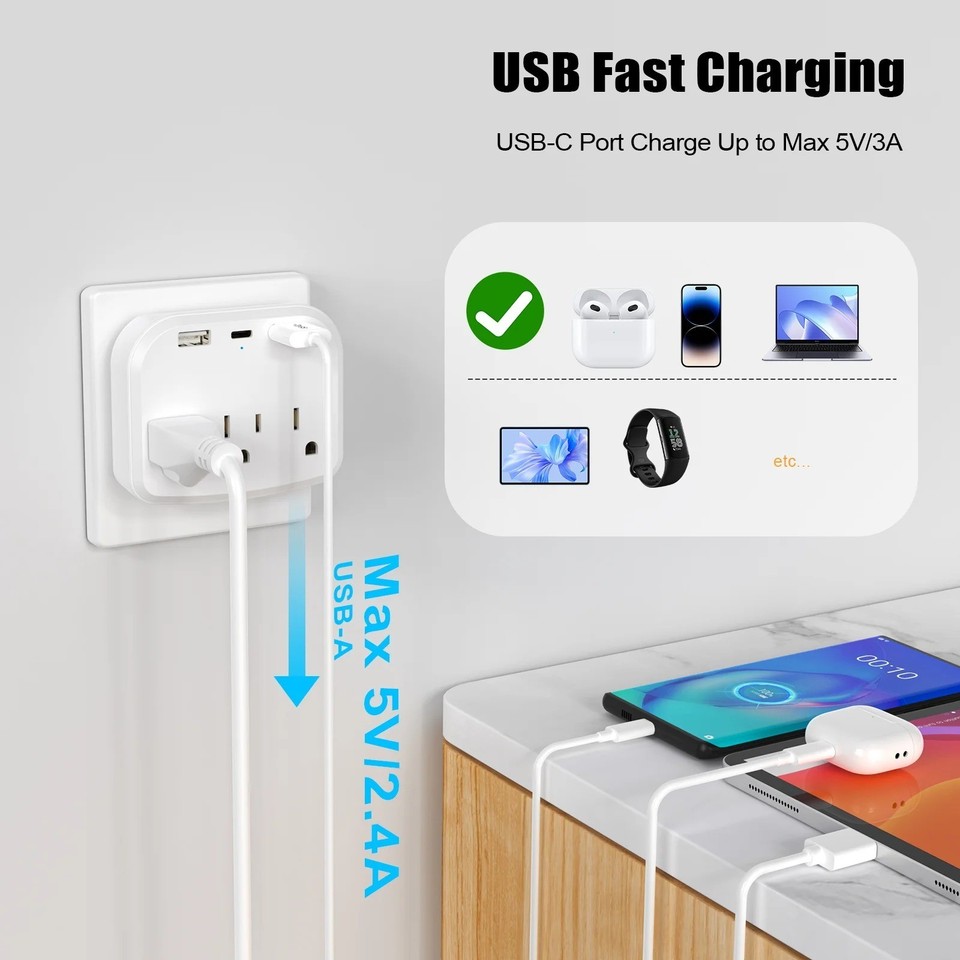 3 Outlet Extender 600J Surge Protector With 3 USB Charger Port Wall ...