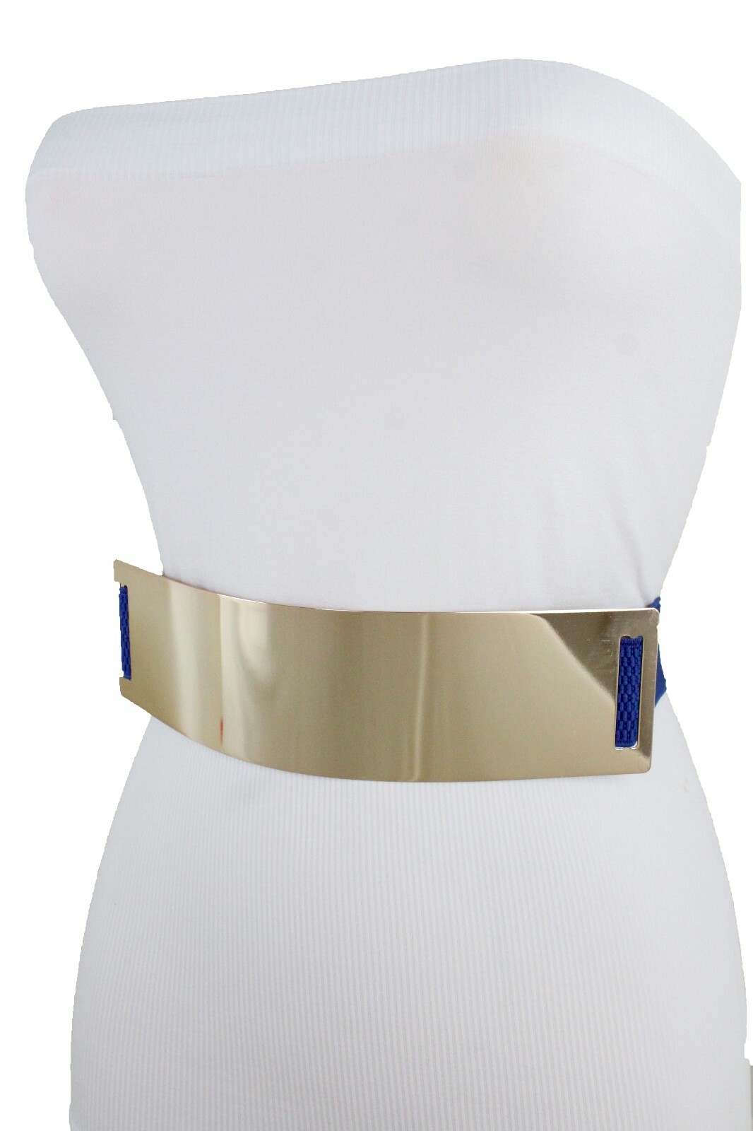 Women Gold Metal Plate Buckle Flashy Belt Hip Waist Elastic Blue Band ...