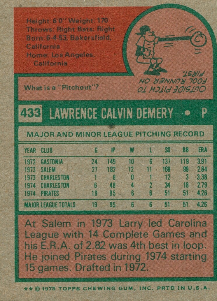 1975 Topps Baseball Card #433 Larry Demery Pittsburgh Pirates | eBay