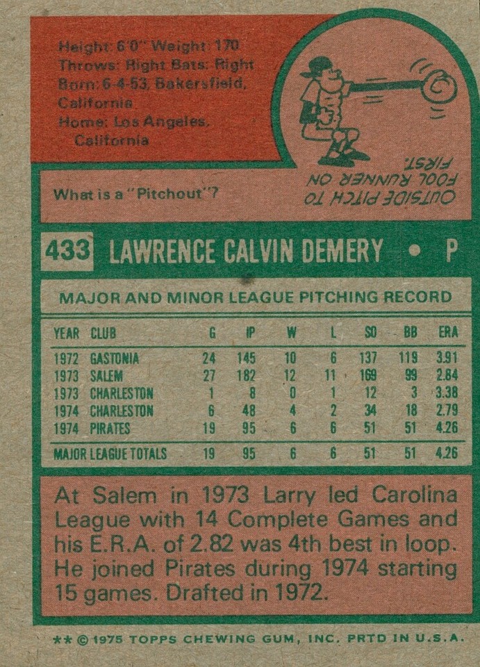 1975 Topps Baseball Card #433 Larry Demery Pittsburgh Pirates | eBay
