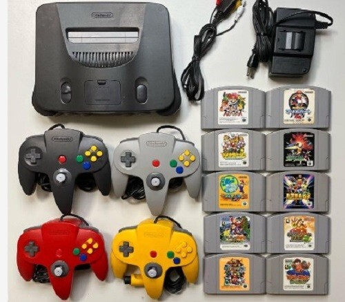 NINTENDO 64 Console, Controller x 4 and 10 random game softs package ...