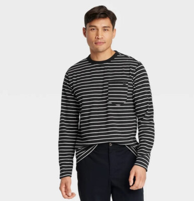 Good Fello Mens Pocket Tee Long Sleeve T-Shirt M MED Black White Stripe ...