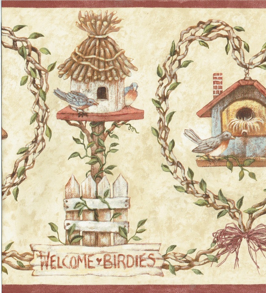 * BIRD HOUSES ON FENCES ON VINES ON STANDS WELCOME BIRDIES Wallpaper ...