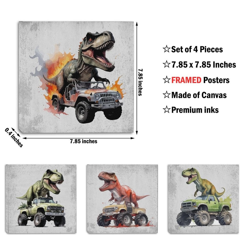 4 Pcs Dinosaur Canvas Wall Art Framed Dinosaurs Art Posters Retro ...