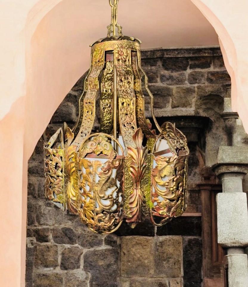 Antique Polychrome Slip Shade Filigree Ornate Chandelier Works 20”T EVC ...