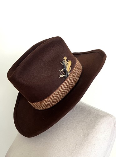 Vintage 100% Wool Felt Rancher Western Style Fedora Brown w/ Feather 7 ...