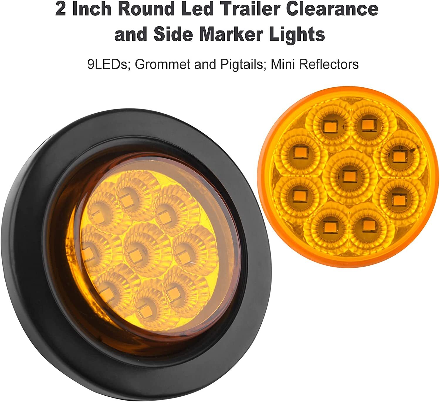 10x 2 Inch Round LED Marker Lights Amber 9 LEDs w/Reflectors/ Grommets ...
