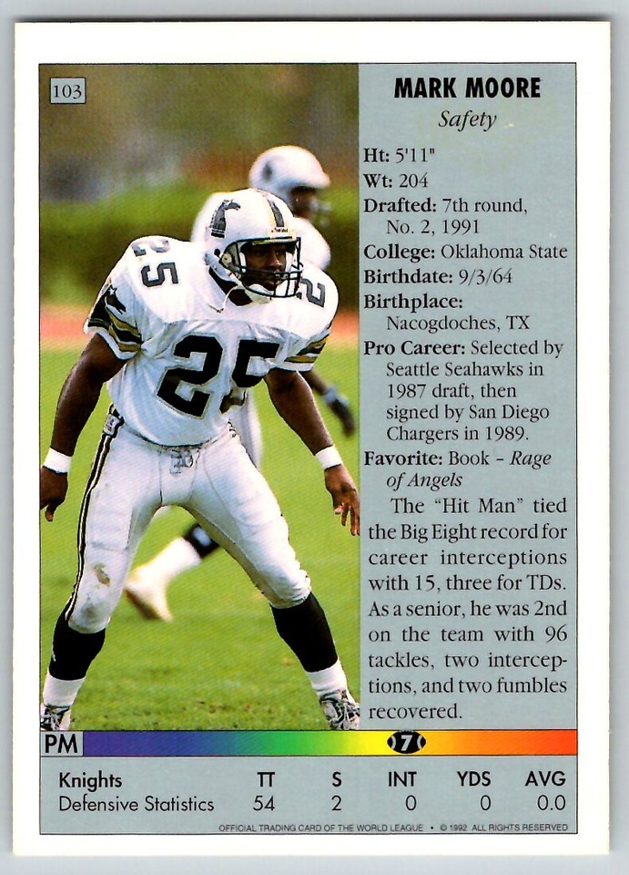 1992 ULTIMATE WLAF MARK MOORE NY NJ KNIGHTS #103 | eBay