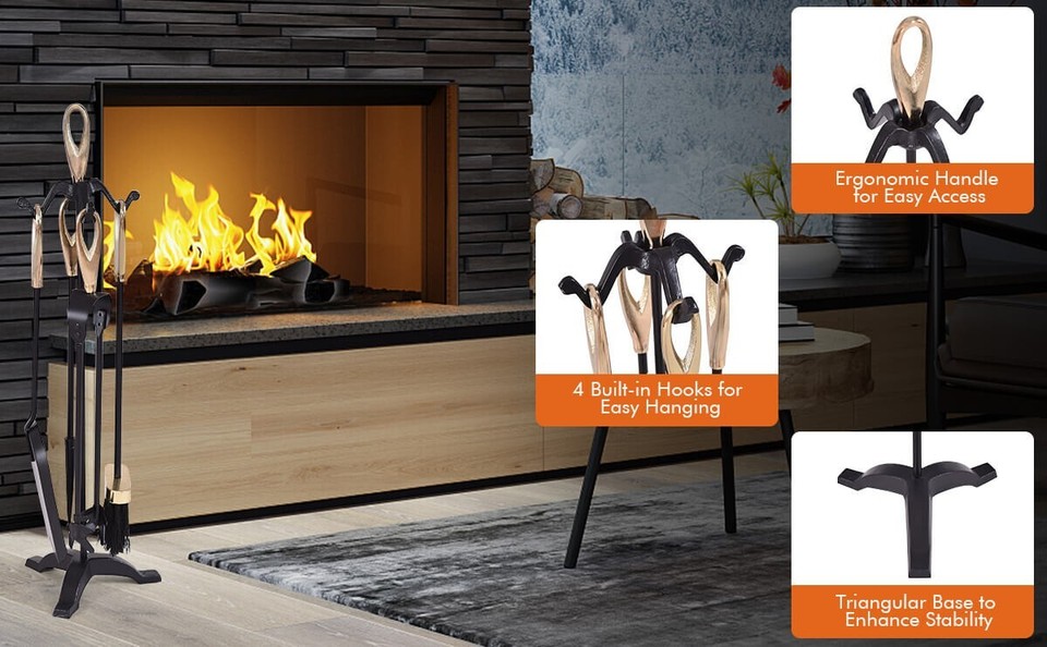 Fireplace Rustic Heavy Duty Compact Wrought Iron Fireside Tools Set ...