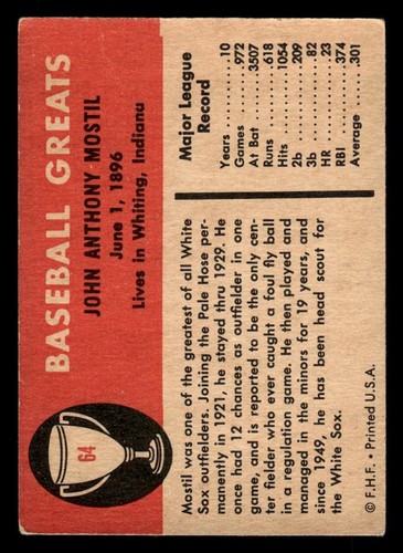 1961 FLEER BASEBALL GREATS JOHNNY MOSTIL 64 GOOD BASEBALL CHICAGO WHITE ...