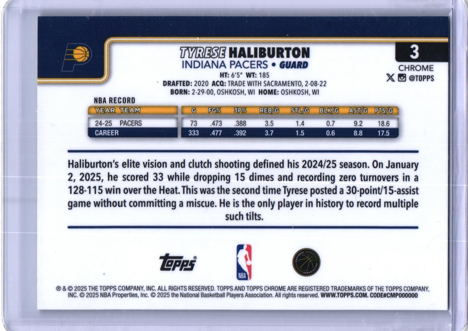2025-26 Topps Chrome Tyrese Haliburton #3 TRUE YELLOW REFRACTOR 137/275 ...