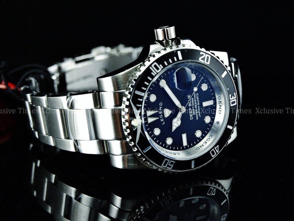 RARE Legend Men 200m Deep Blue Diver Midnight Black Dial Quartz SS ...