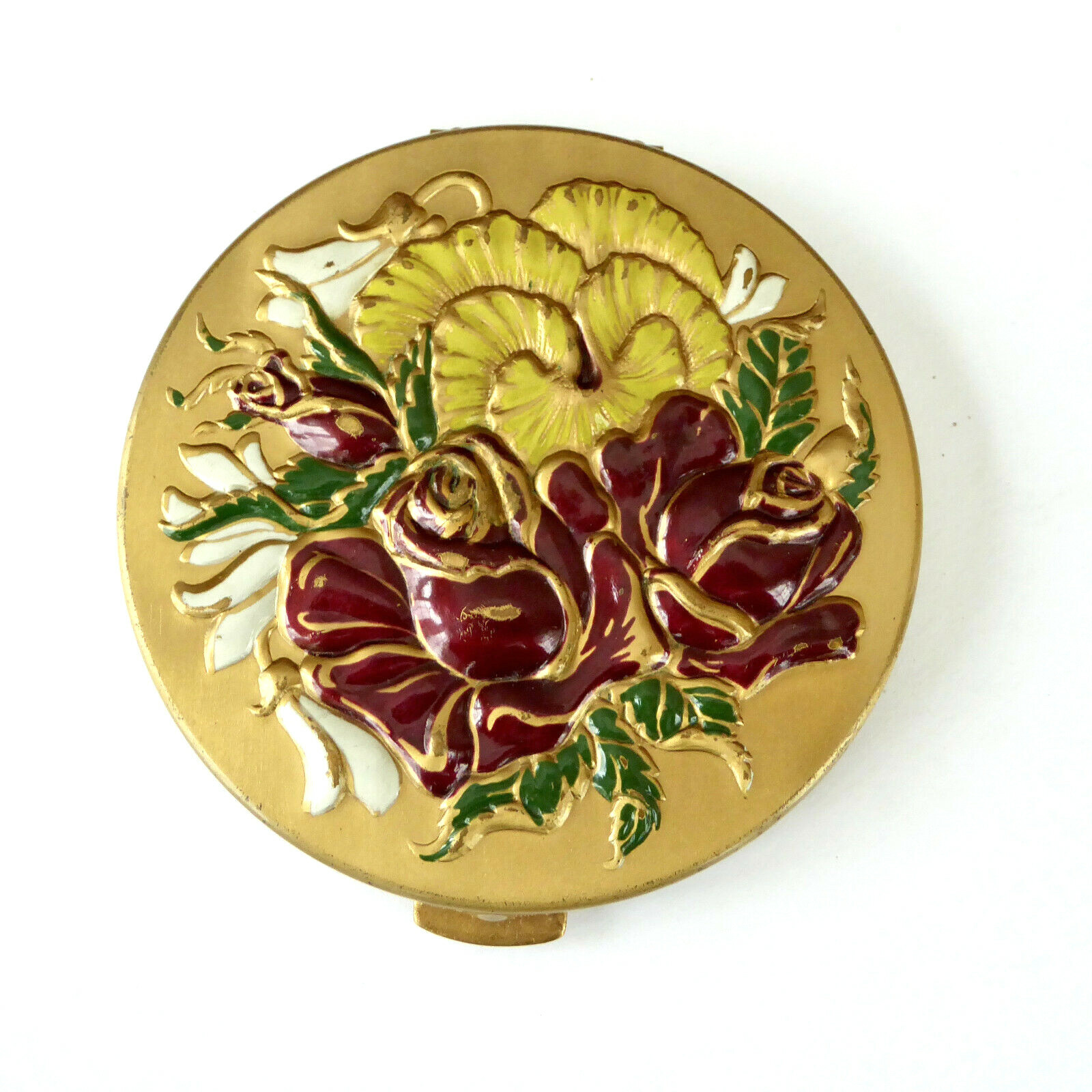 Stratton Powder Compact Embossed Enamel Red Roses Flowers Gold 1950's ...
