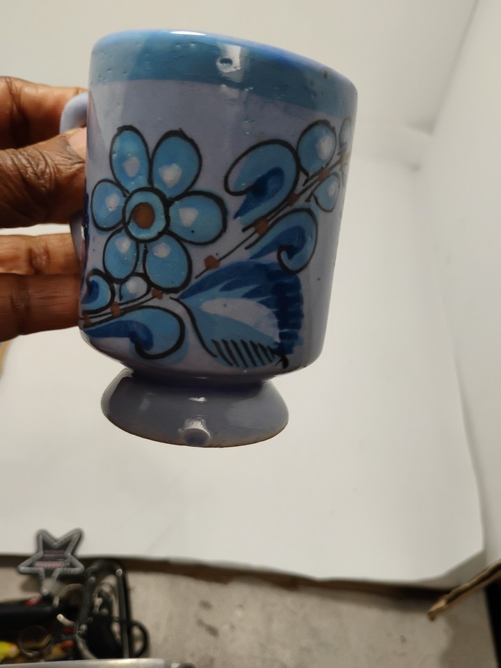 VTG Tonala Mexico Handmade Ceramic Blue Bird Floral Mug tiny chip on ...