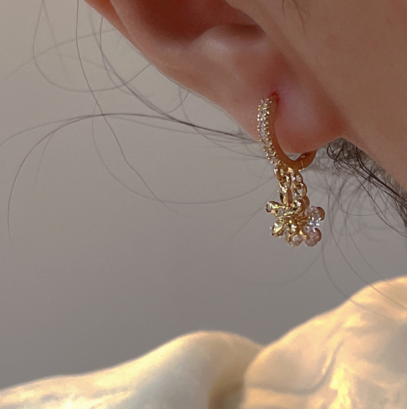 Women Girl 18k Gold Plated Drop Dangle Flower Cz 10mm Hoop Huggie