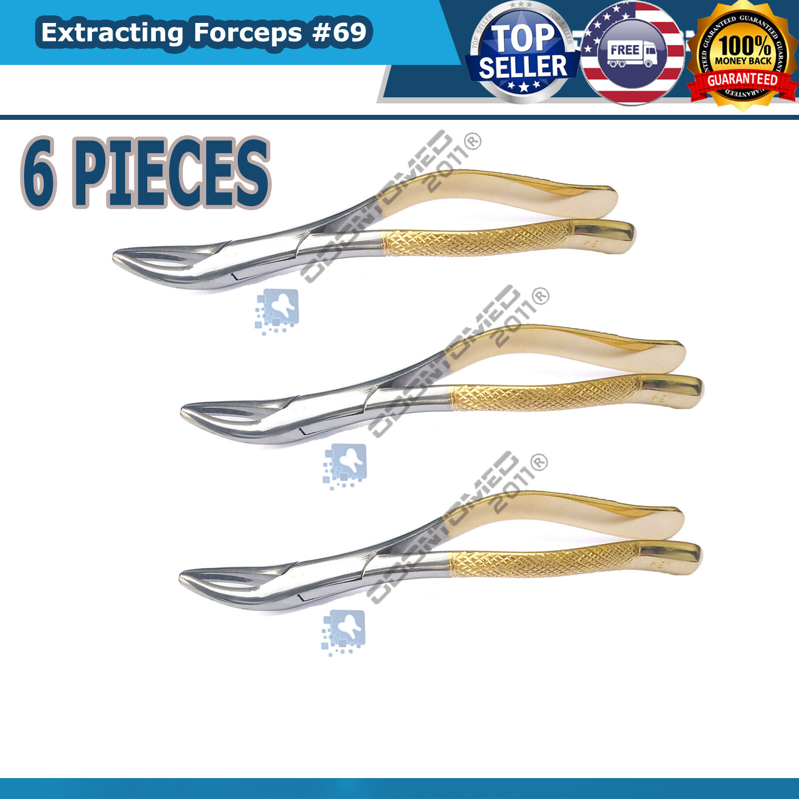 6 PCS Extracting Forceps #69 Gold Handle Surgical Dental Instruments ...