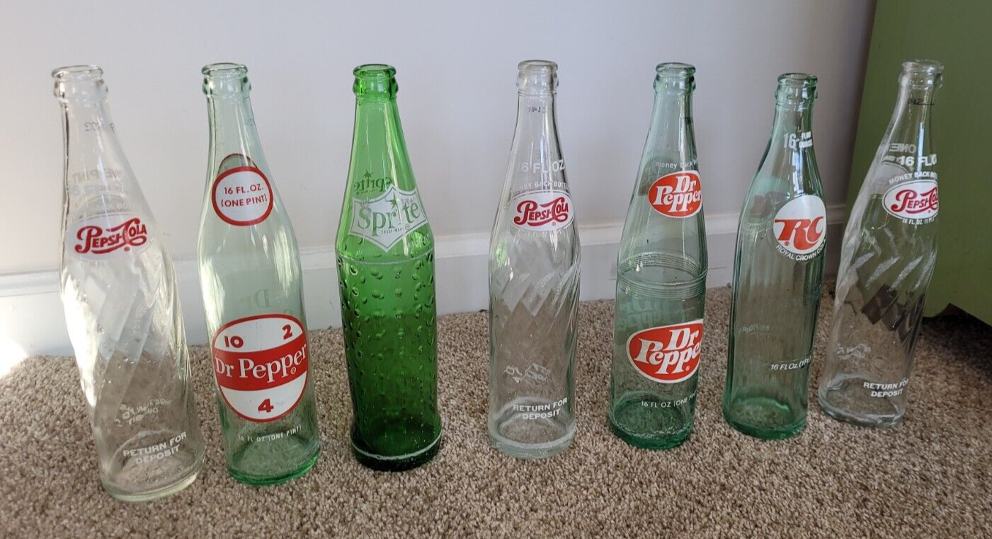 Lot of 7 70's Vintage Soda Bottles, Pepsi , Dr Pepper, Royal Crown and ...