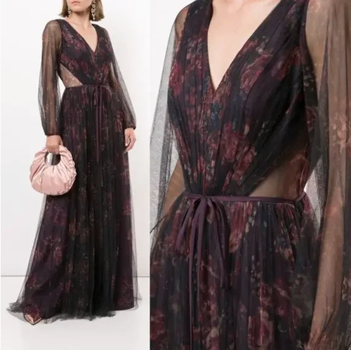 Marchesa Notte Floral Print Sheer Panel Gown SALERNO Sz 0 Purple ...