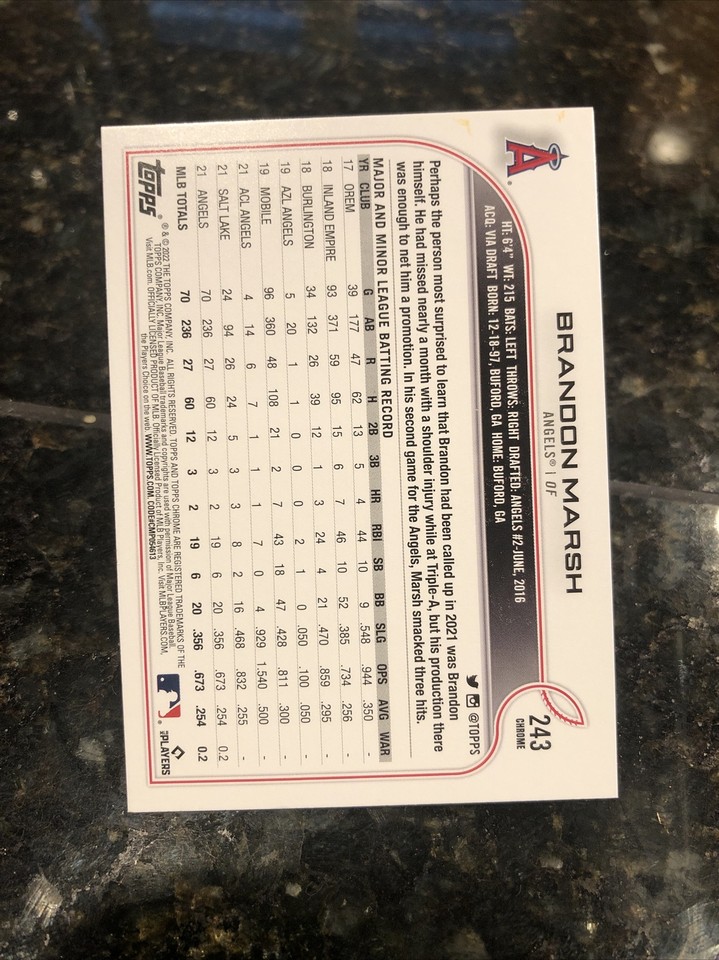 BRANDON MARSH Rookie RC 2022 Topps Factory Set #243 SP Image Variation ...