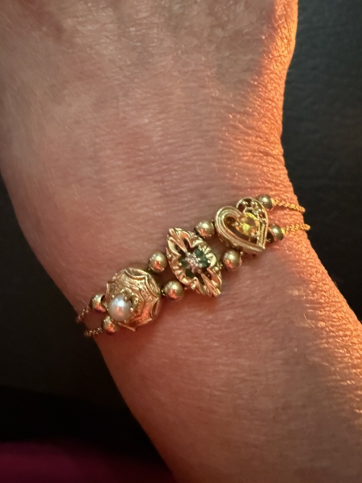 Vintage 14K Slide Bracelet 3 10K Slides Pearl, Emerald, Diamond 14.4 G ...