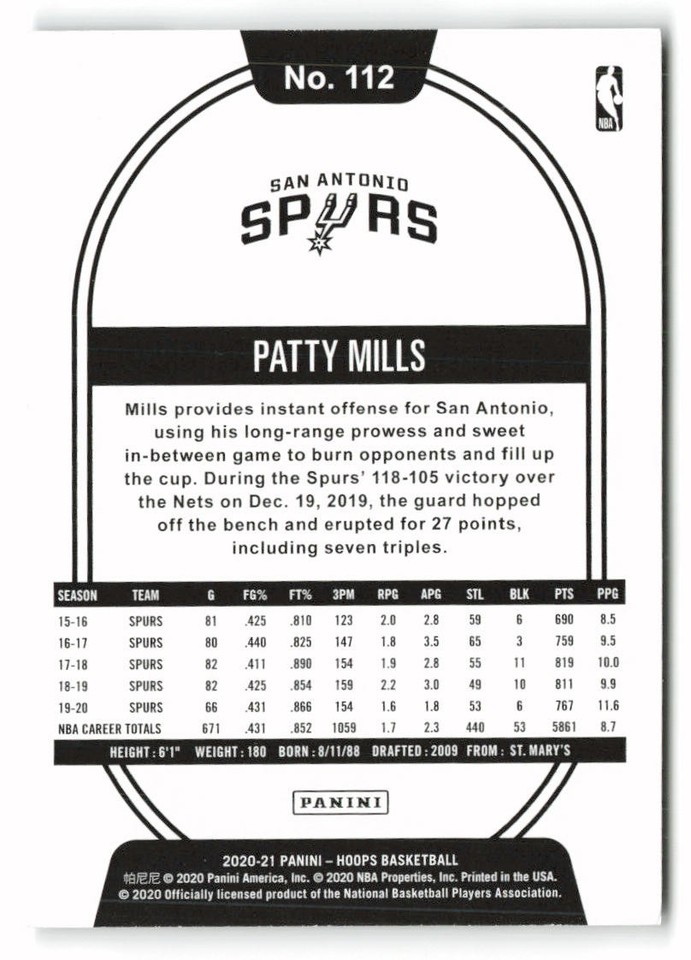 2020-21 Hoops #112 Patty Mills San Antonio Spurs | eBay
