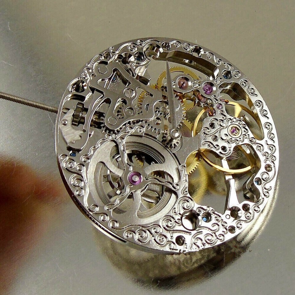 17 Jewels Watch Movement Mechanical Silver Skeleton Hand Winding For ...