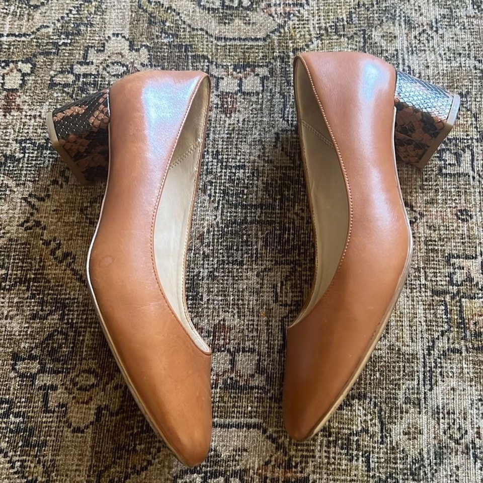 Cole Haan Leslie pump in British tan leather, snakeskin print block heel 7.5 | eBay
