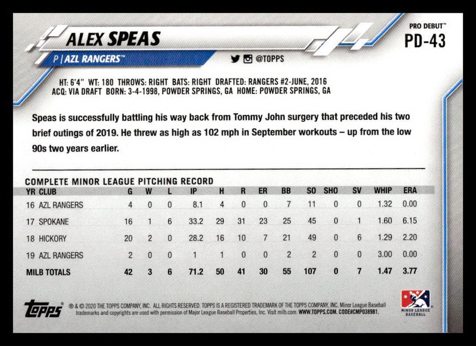 2020 Topps Pro Debut Alex Speas PD-43 AZL Rangers | eBay