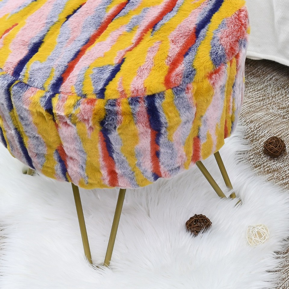 Luxury Plush Multi Jacquard Faux Fur Ottoman Round Foot Rest Stool for ...
