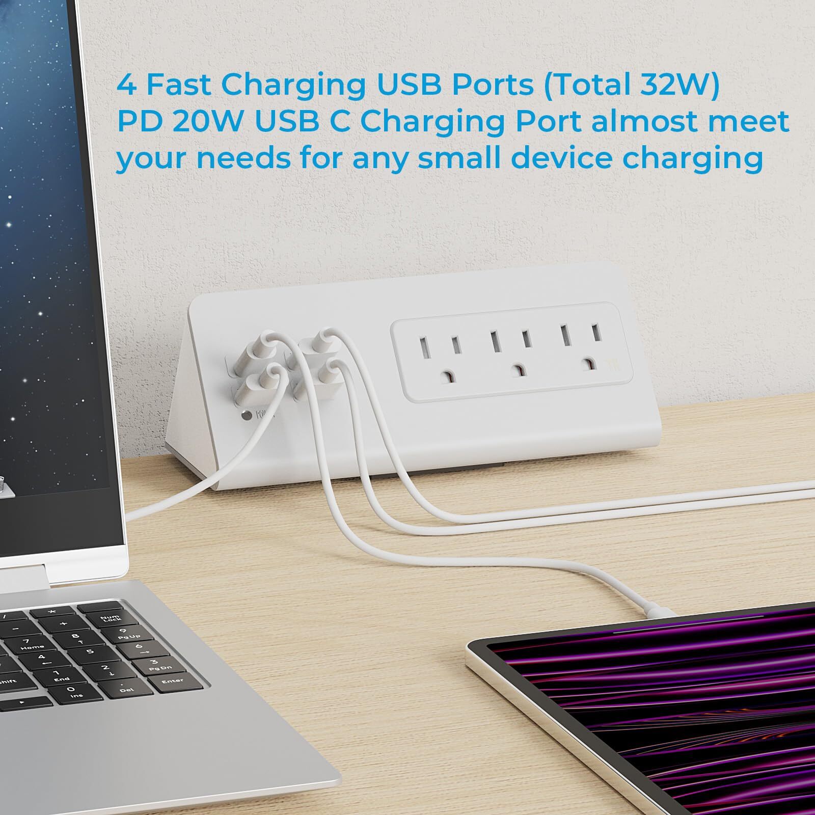 Nightstand Power Strip Desktop Power Strip With 3 Ac Outlets 3 Usb A ...