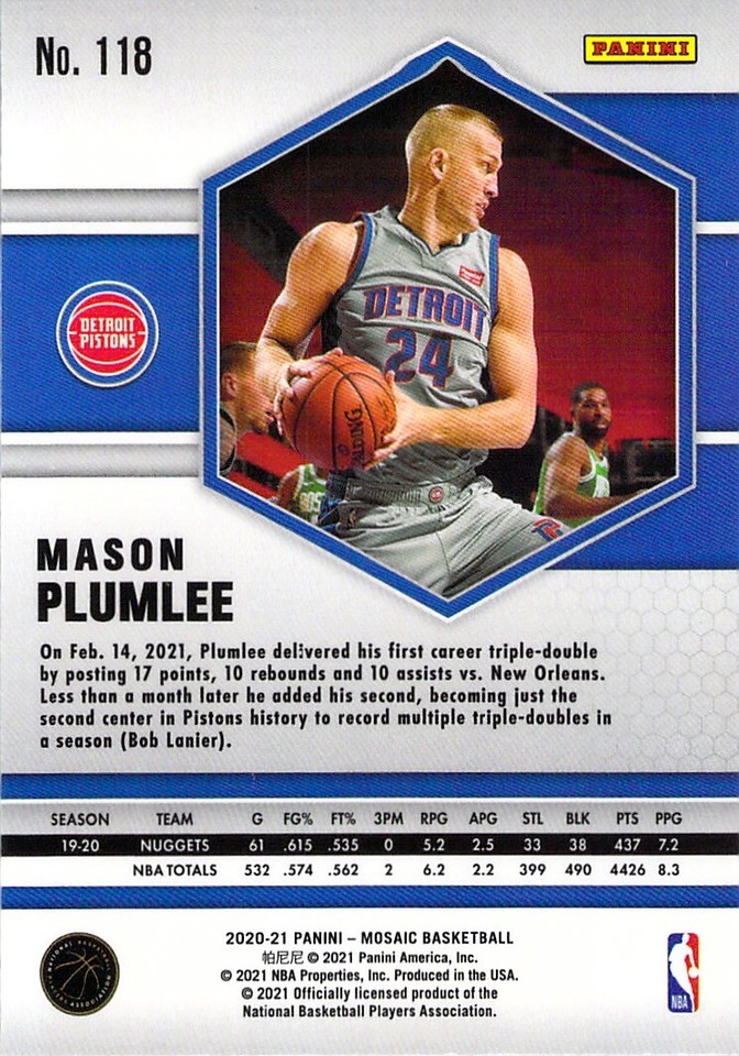 Mason Plumlee 2020-21 Panini Mosaic Basketball Chrome Base Card #118 ...