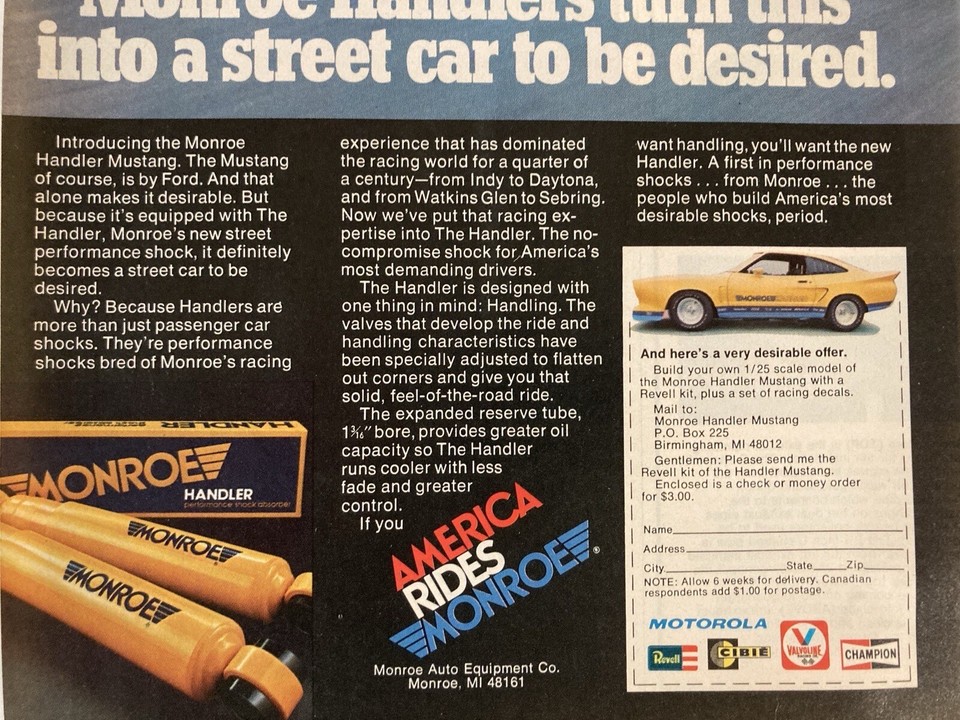 1978 Monroe Handlers Shocks Print Ad Monroe Handler Ford Mustang | eBay