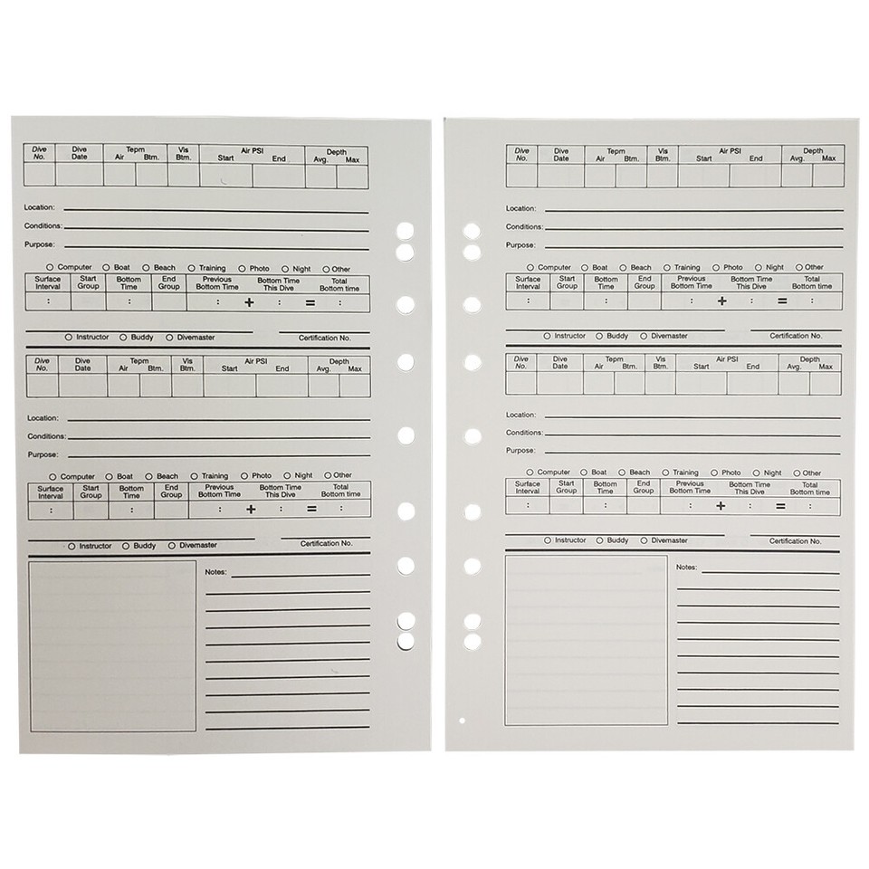 Scuba Diving Log Book Log Pages Refill, 25 Dive Log Refill Pages | eBay