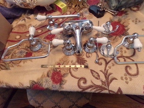 LOT OF 10 PC. SILVER CHROME BATHROOM FIXTURES WHITE PORCELAIN HANDLES ...