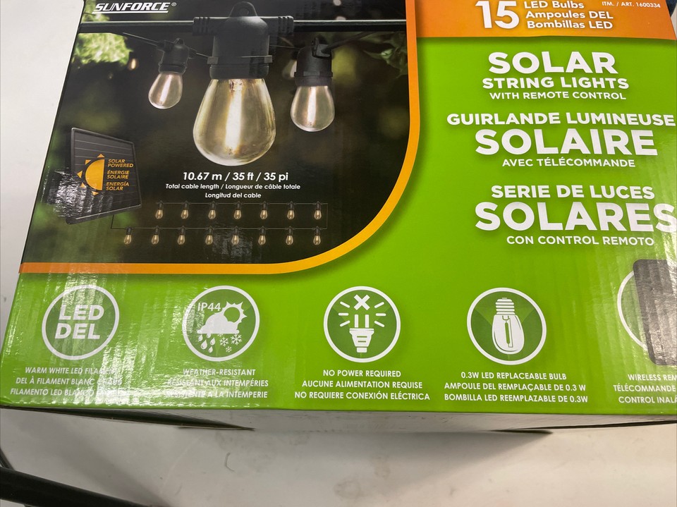 Sunforce 35' Solar String Lights with Remote Control 15 LED BULBS ...