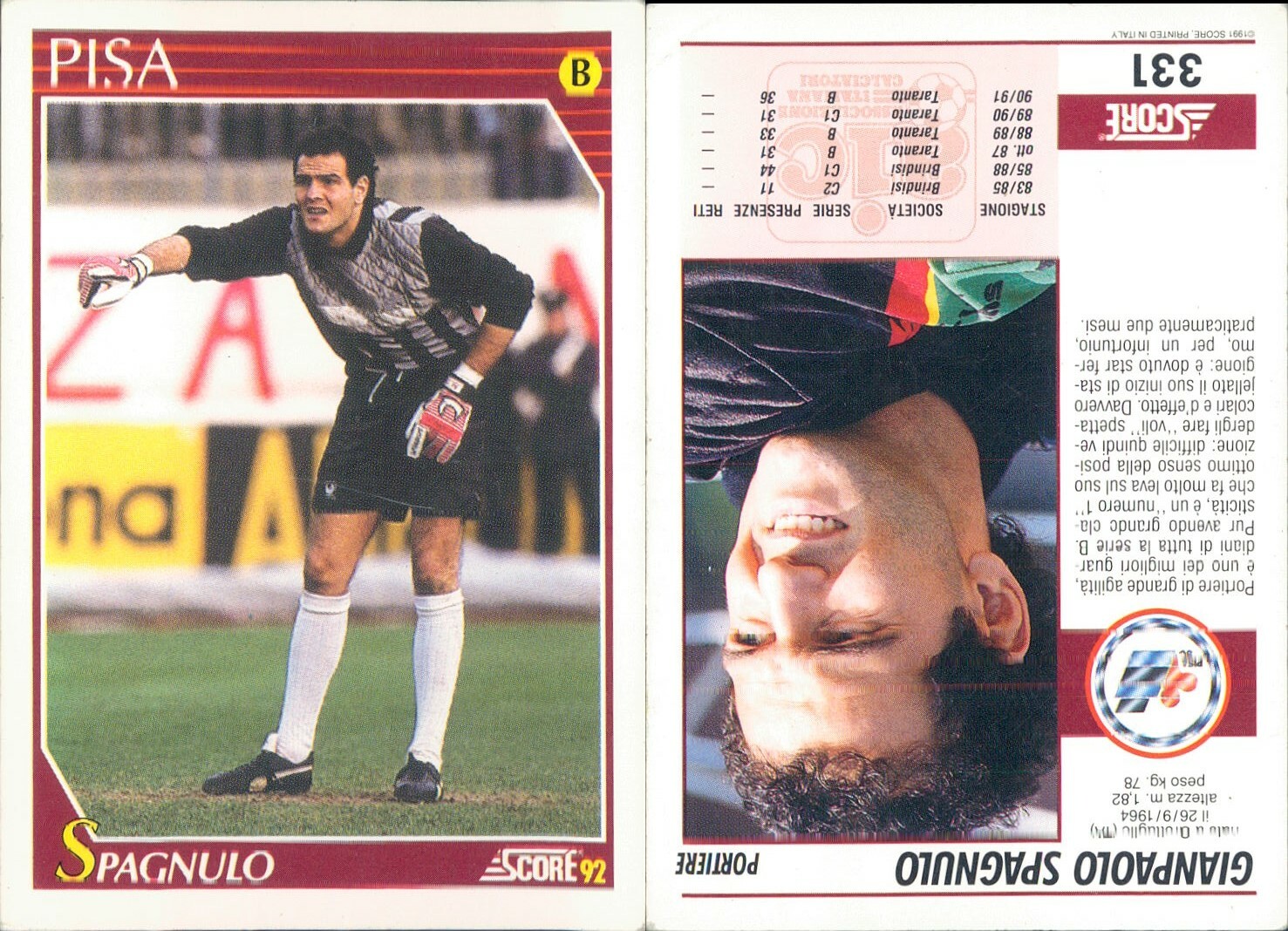SCORE 92 CALCIO TRADING CARD anno 1992 -PISA, SPAGNULO-N.331 | eBay UK