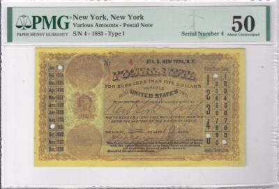 1883 Postal Note Type 1 New York Serial # 4 PMG AU 50 | eBay