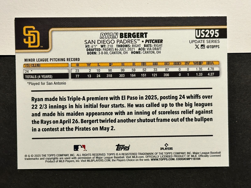 2025 Topps Update, Ryan Bergert, US295, RC, Sand Glitter, San Diego ...