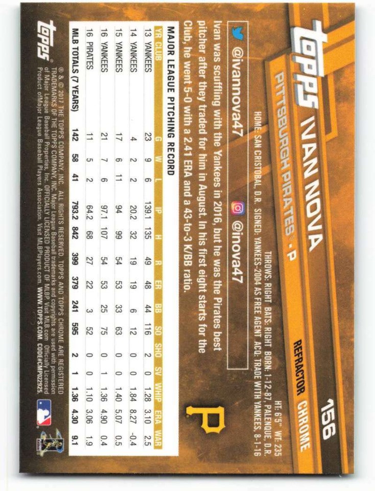 2017 Topps Chrome Pink Refractor #156 Ivan Nova NM-MT Pirates | eBay