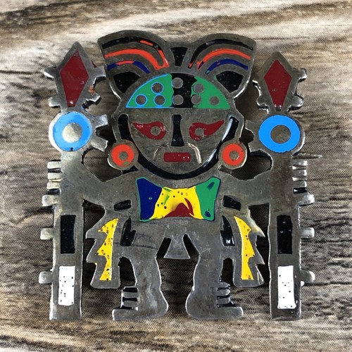 Vintage Tribal Mayan Aztec Sterling Silver Enamel Brooch Pin | eBay